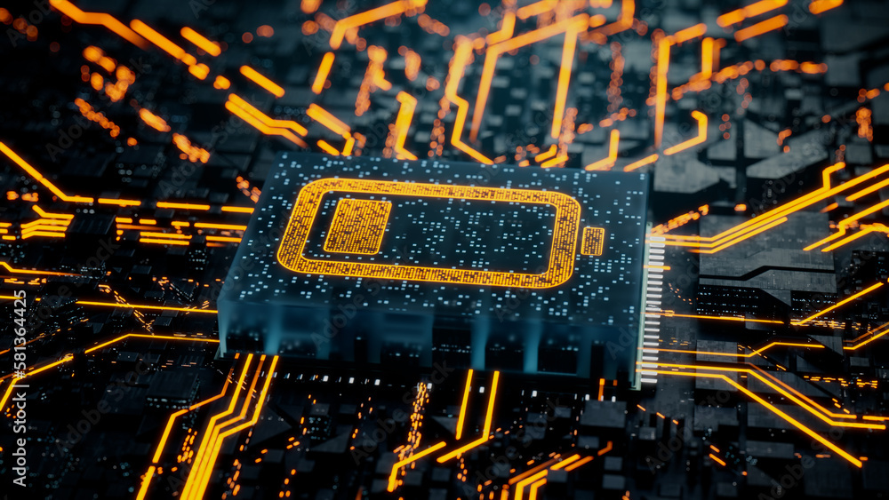 Energy Technology Concept with low battery symbol on a Microchip. Data ...