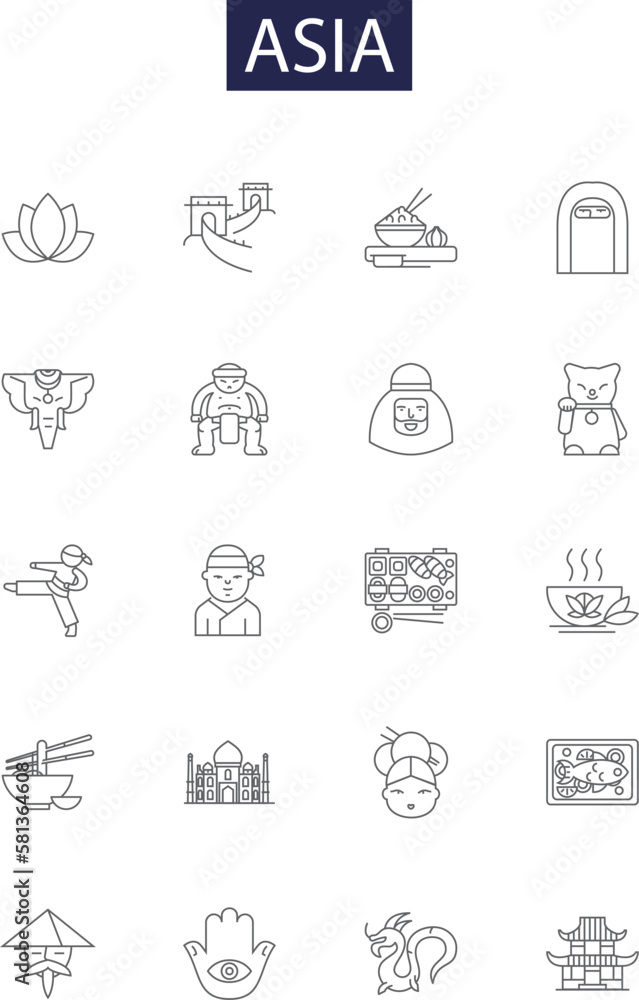 Asia line vector icons and signs. India, China, Japan, Korea, Thailand ...