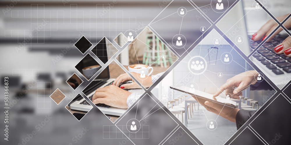 Abstract picture compilation of office interior, various devices and ...