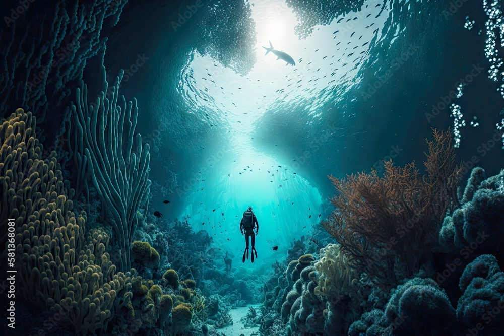 lone scuba diver engages in freediving and swims among reefs, created ...