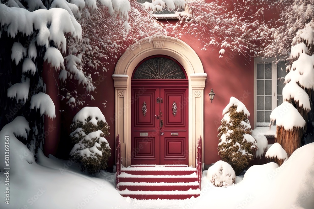 burgundy front door of house covered with white snow, created with ...
