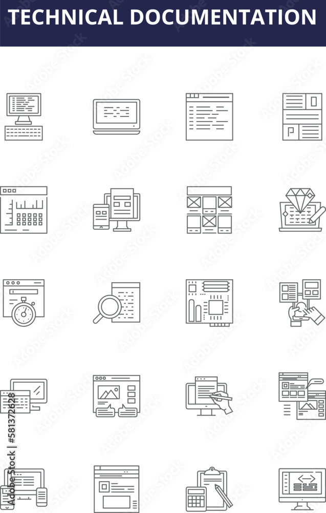 Technical documentation line vector icons and signs. Guide, Help ...