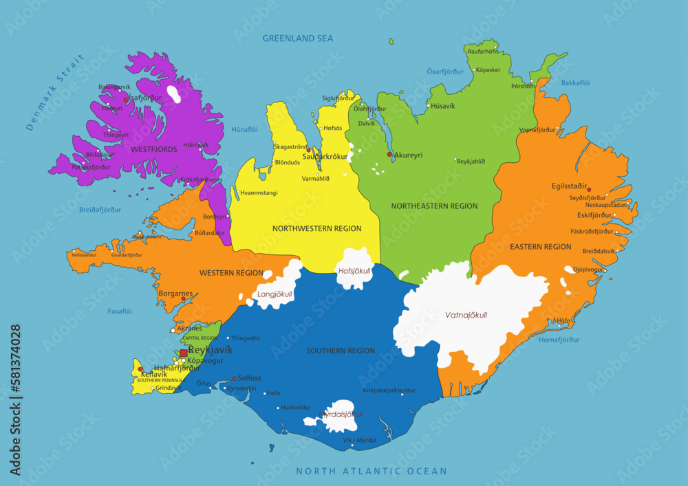 Colorful Iceland political map with clearly labeled, separated layers ...
