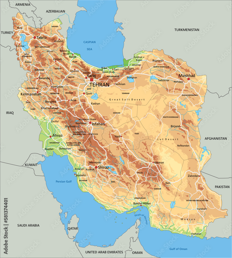 High detailed Iran physical map with labeling. Stock Vector | Adobe Stock