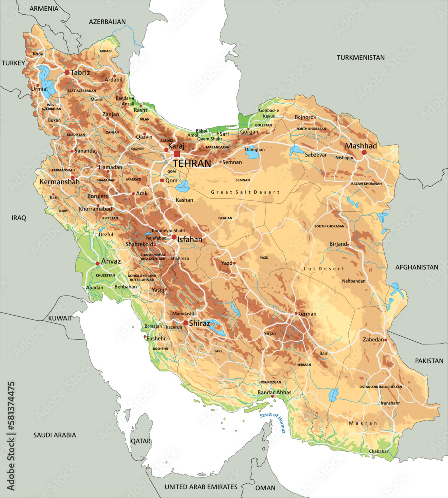 High detailed Iran physical map with labeling. Stock Vector | Adobe Stock