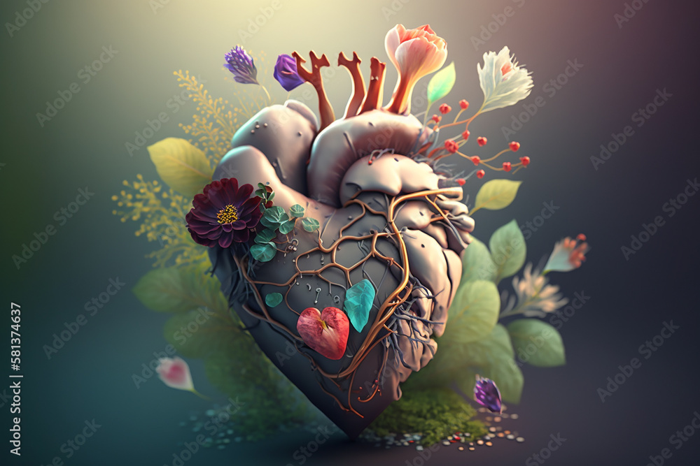 Conceptual artwork of a human heart entwined with flowers and fauna ...