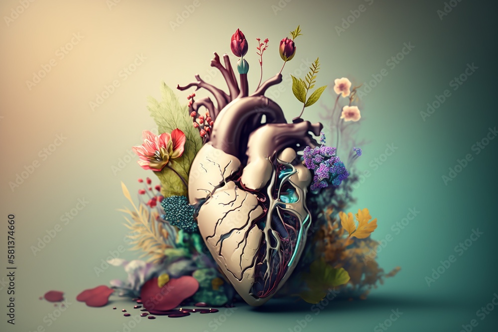 Artistic representation of a human heart surrounded by vibrant flora ...