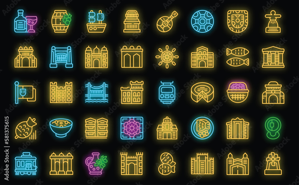 Lisbon icons set outline vector. Portugal castle. Skyline travel neon ...