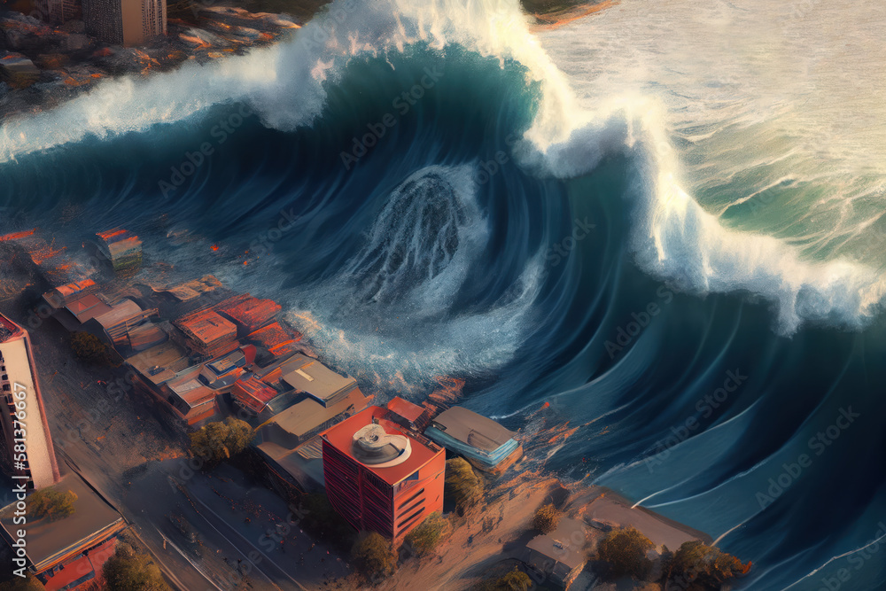 Aerial view of tsunami with a big wave crashing on coast houses. Beach Small town city ...