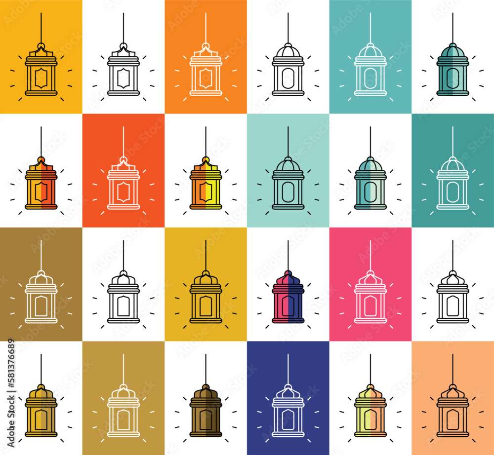 Set of Islamic themed lanterns, with line designs, silhouettes and ...