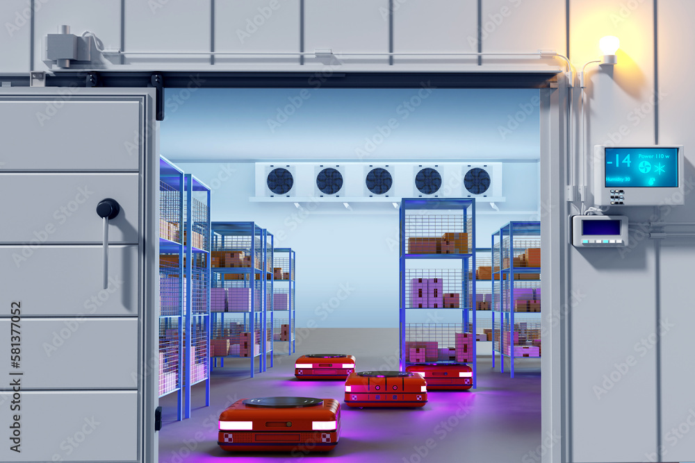 Freezing chamber at enterprise. Autonomous production. Automated guided ...