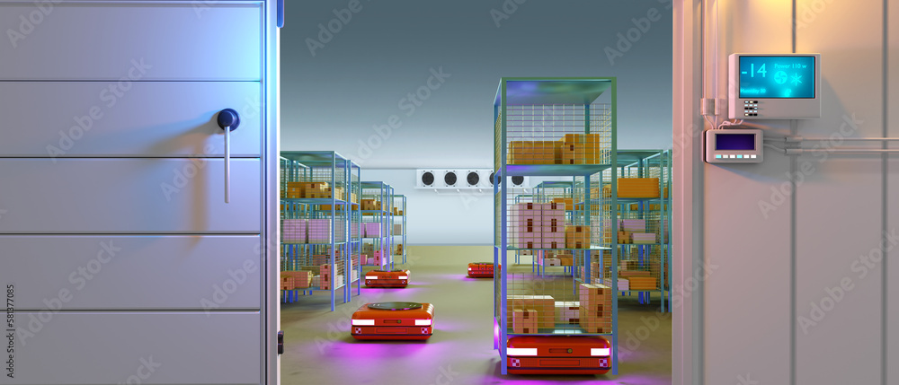 Interior of autonomous warehouse. Territory of automated plant. Factory ...