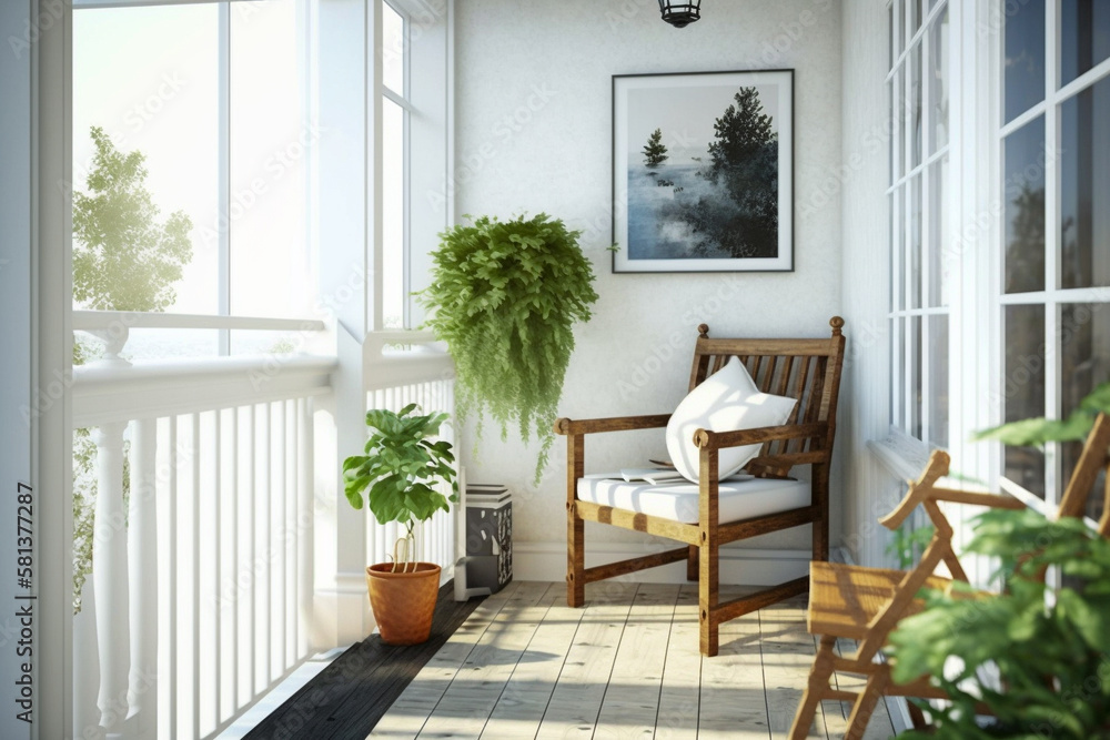 Modern interior design of balcony with white furniture. Super photo ...