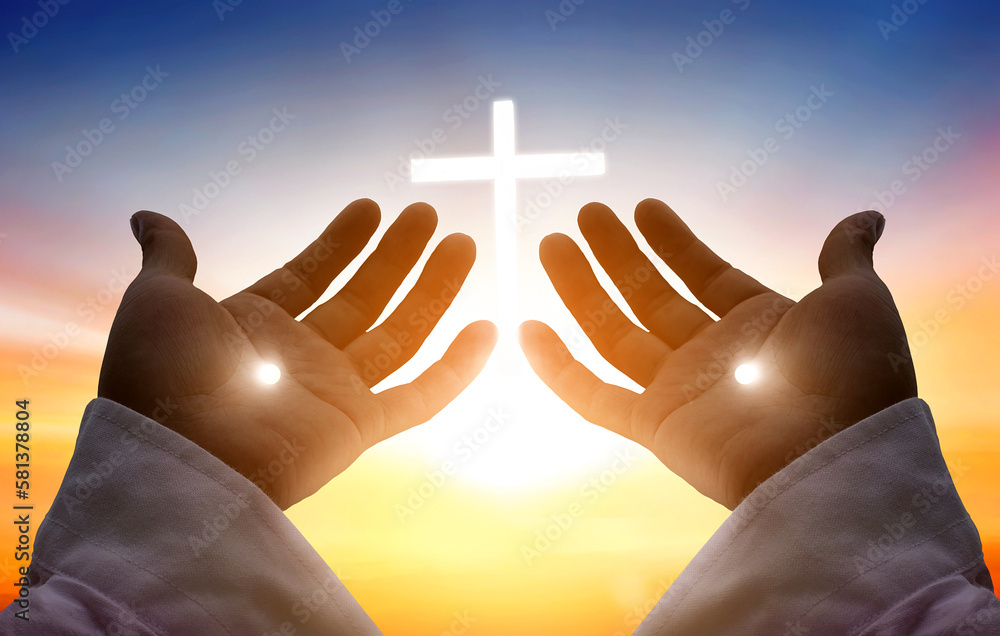 Silhouette scars in hands of Jesus Christ on sunrise background Stock ...