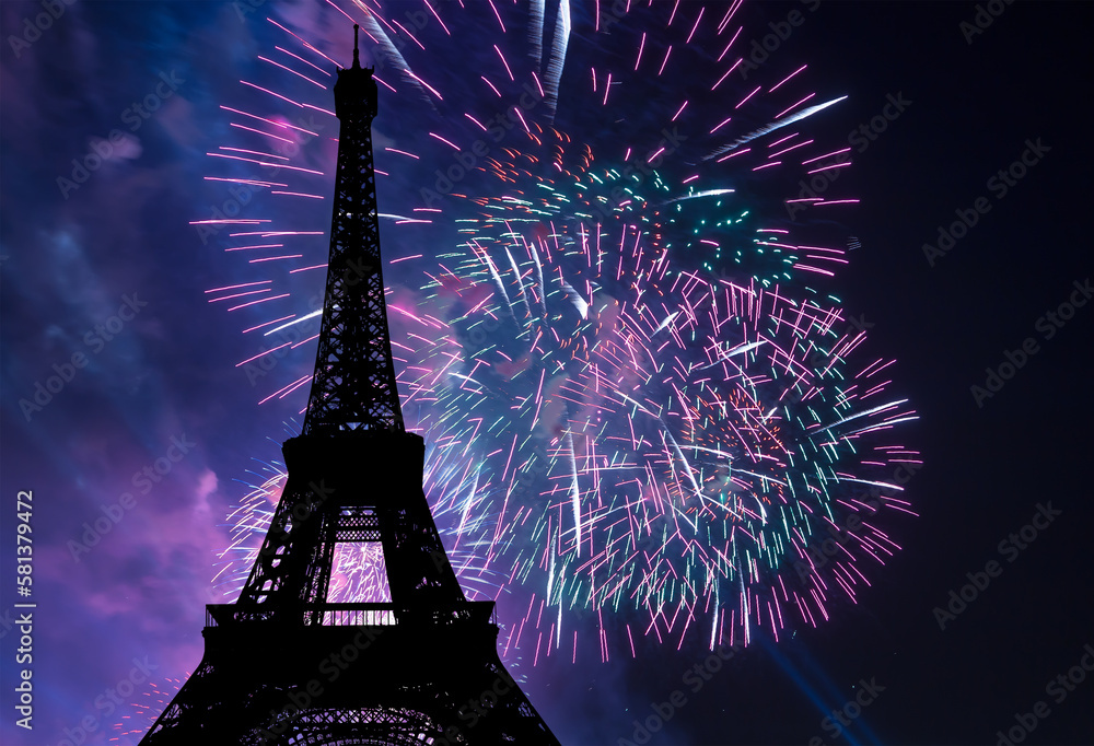 Celebratory colorful fireworks over the Eiffel Tower in Paris, France ...
