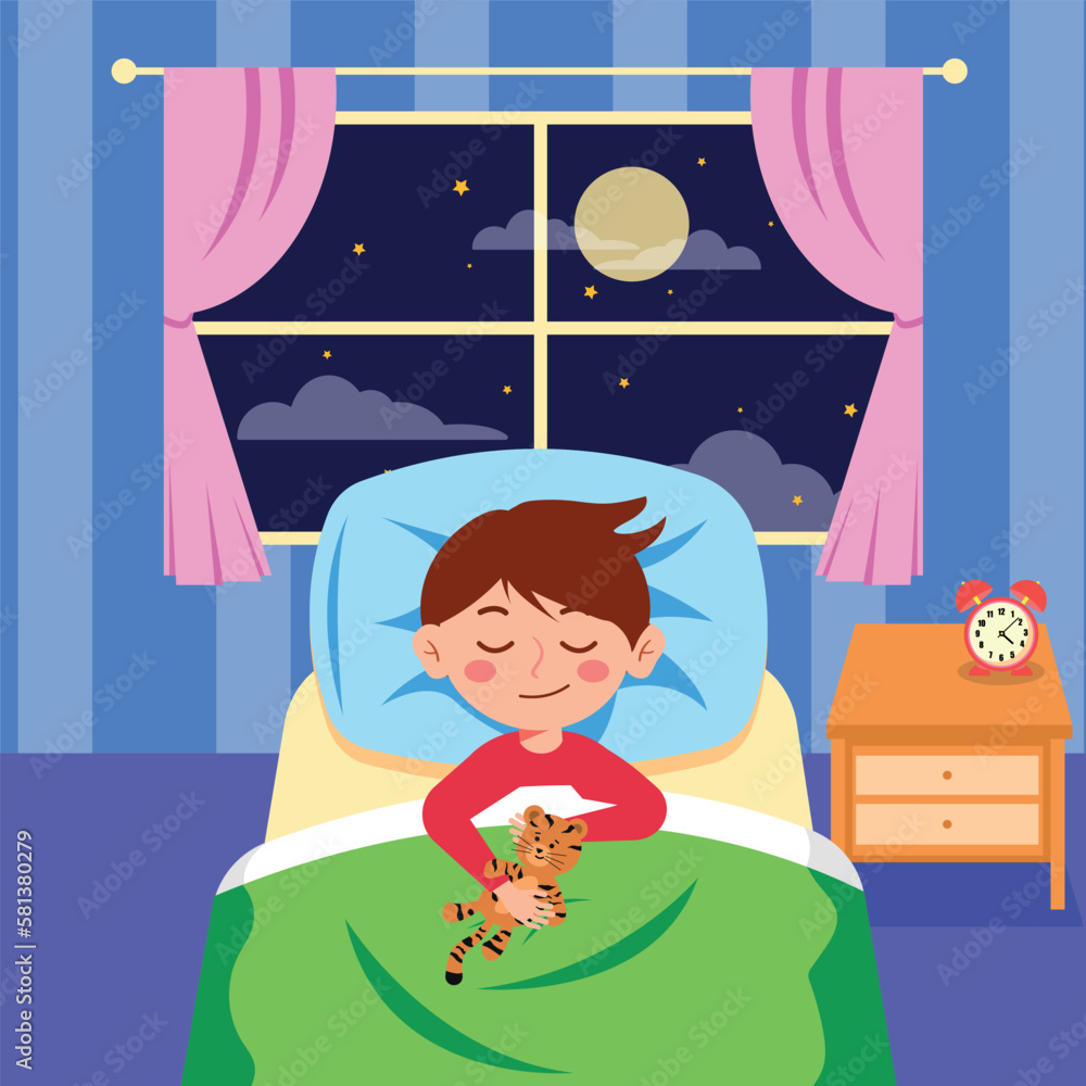 Vector illustration of a cute boy sleeping. A cartoon scene with a boy ...