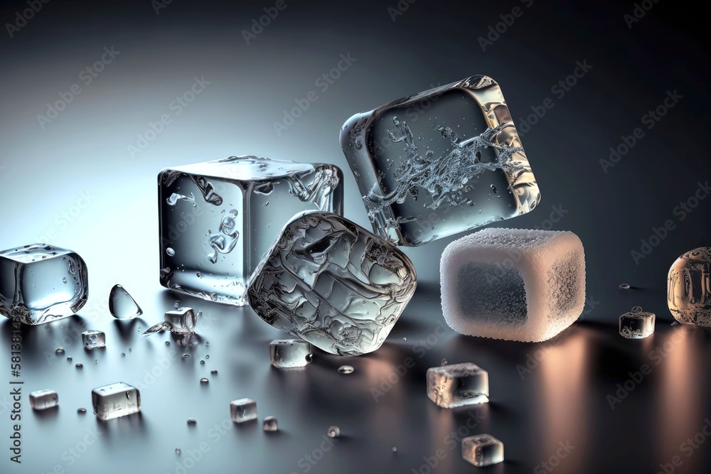 transparent ice cubes of different sizes lying in heap on wet table ...