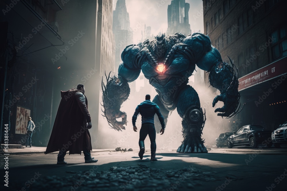 Giant Monster Battle: A Hyper-Detailed Epic Composition of a Superhero Team Fighting in a Dark ...
