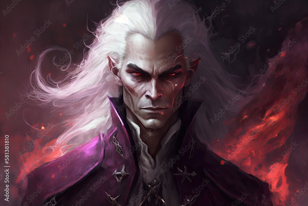 A menacing dark elf in a crimson jacket, smoking dark purple magic, is ...