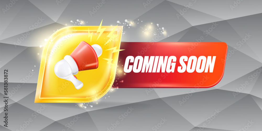 Coming soon horizontal banner with megaphone and button on grey modern ...