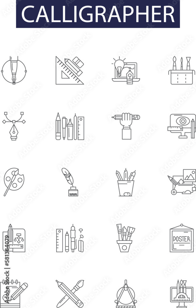 Calligrapher line vector icons and signs. Penman, Penmanship, Scribe ...