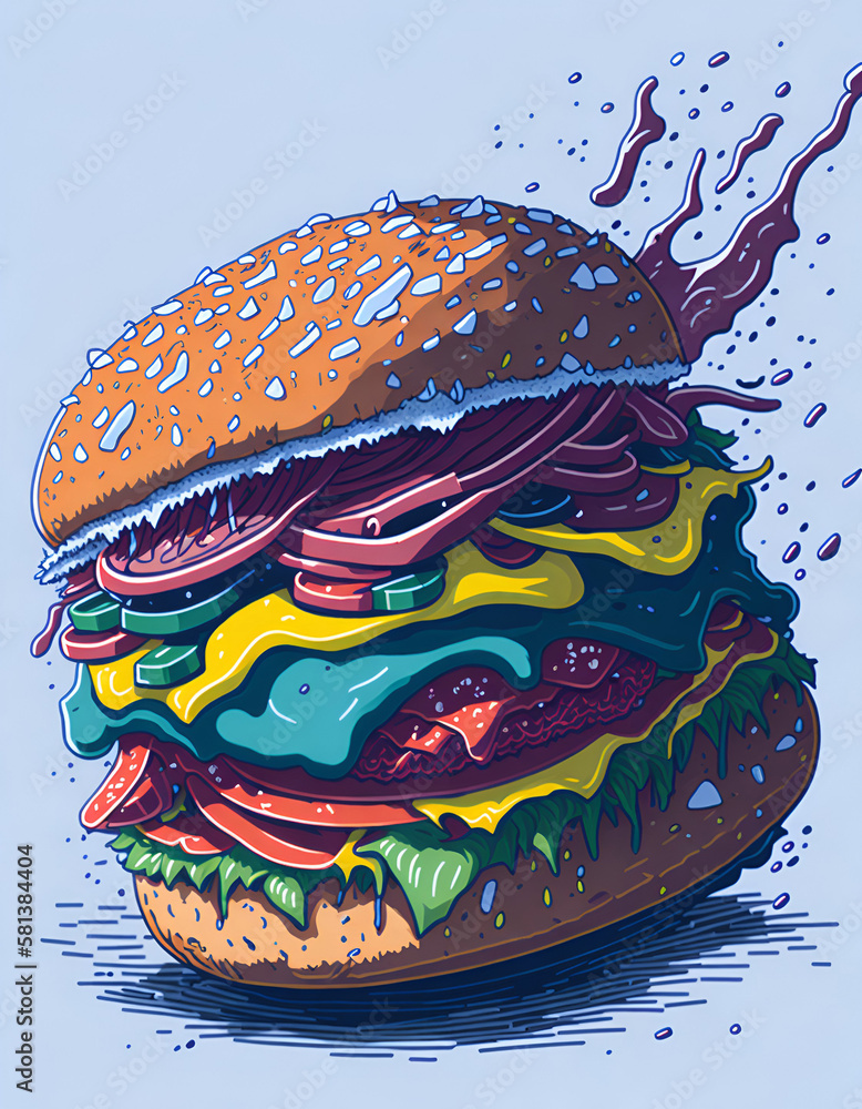 Cartoon burger color splas. AI generated illustration Stock ...