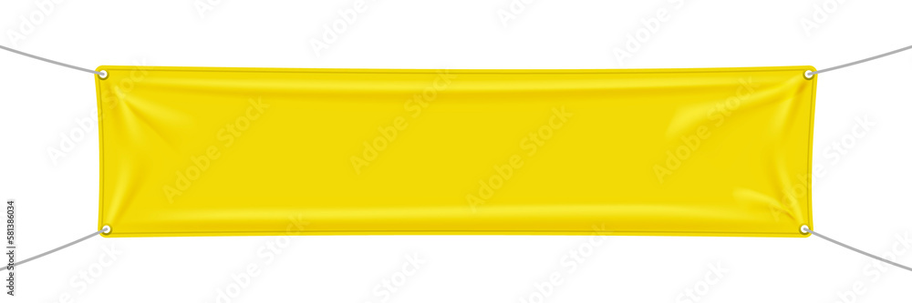 Yellow fabric banner with folds stretched on ropes with space for your ...