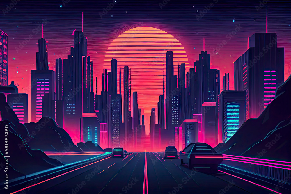 Retro wave city background. Neon night landscape with a futuristic city ...