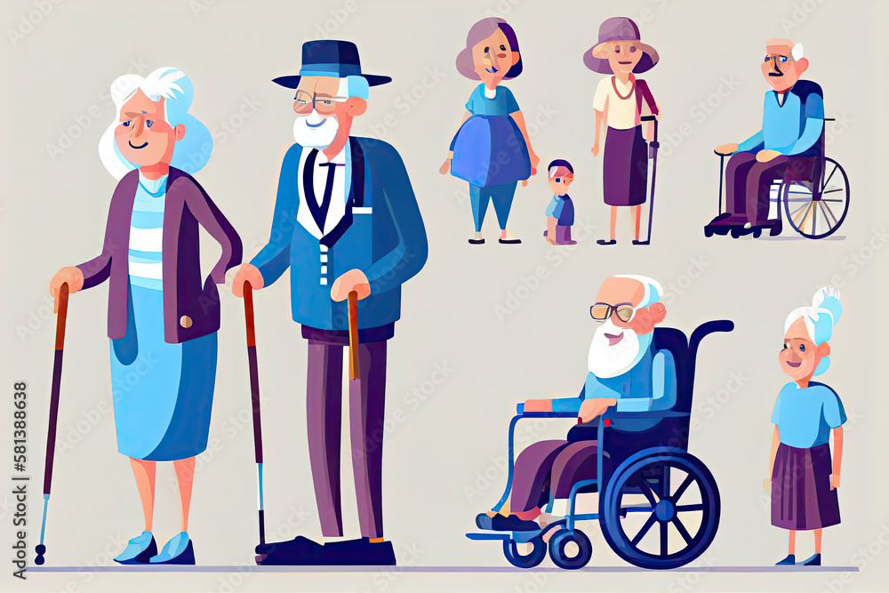 Cartoon old people. Happy aged citizens, disabled senior on older ...