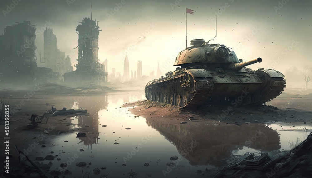 Tank destroyed city, the tank is partially submerged generative ai ...