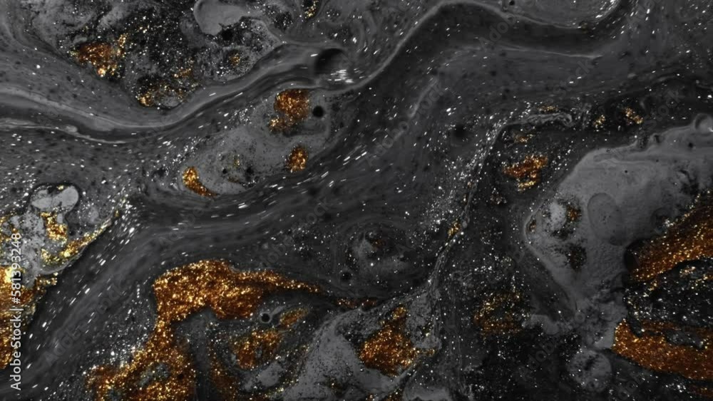 Sparkling fluid. Paint flow. Marble texture. Defocused shiny gray ...