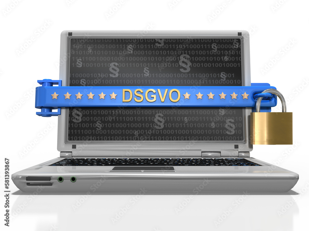 3d Laptop, Computer mit DSGVO Sperrriegel und Vorhängeschloss mit ...