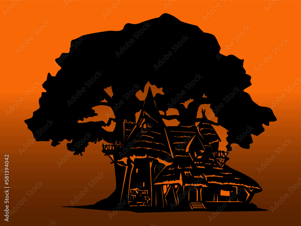 vector illustration in orange shades of a sunset depicting a house ...