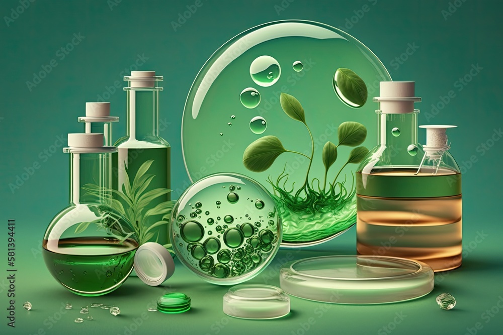 Chemical flasks and petri dishes on a green background. Generative AI ...