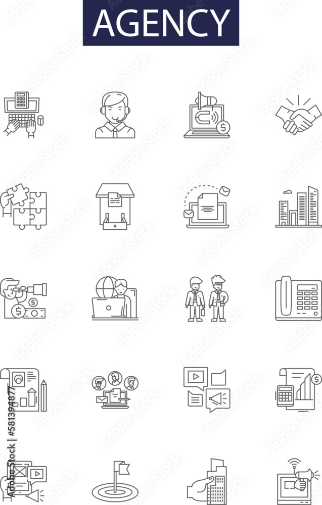 Agency line vector icons and signs. Firm, Bureau, Office, Group, Body ...
