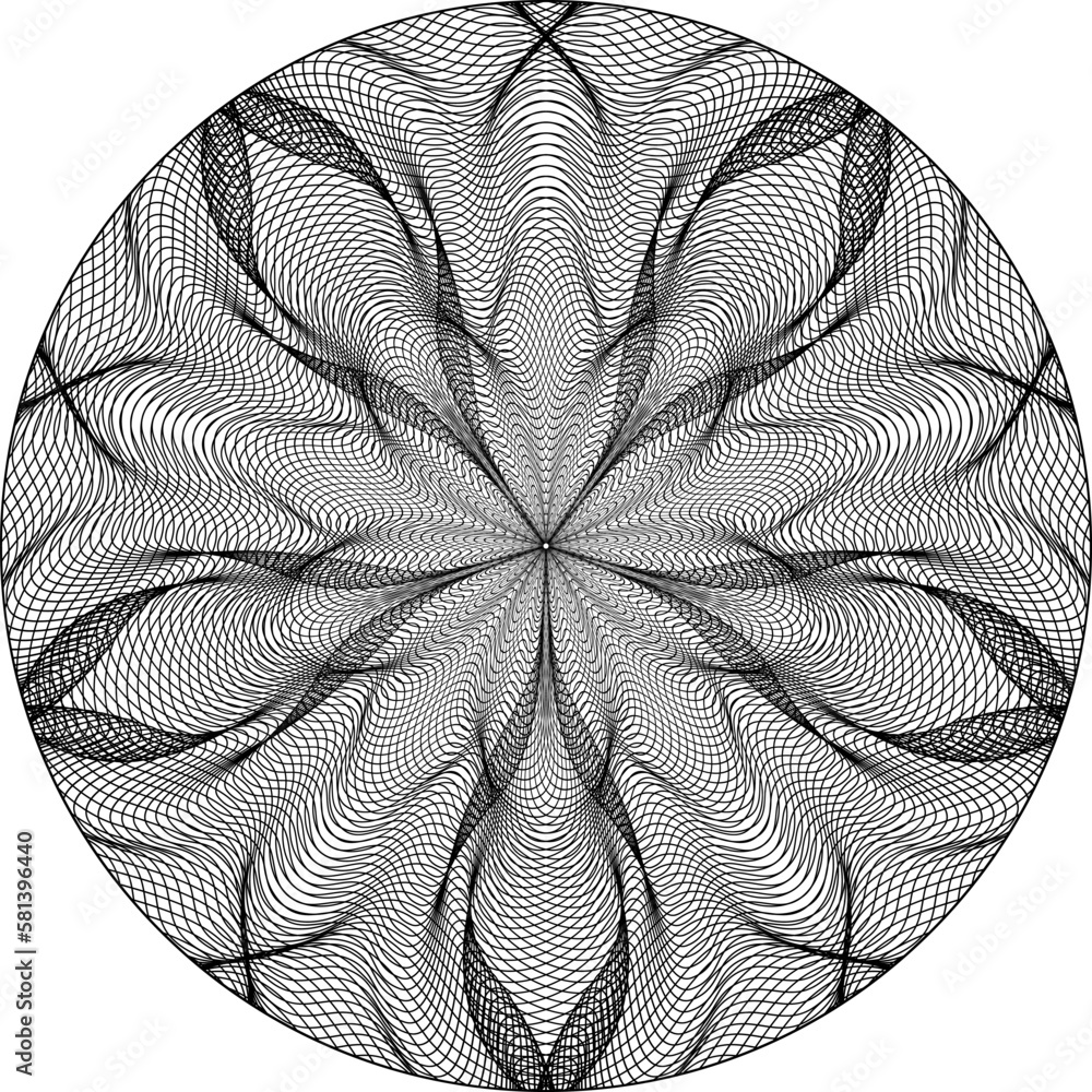 Optical art patterned circle of black wavy lines. Moire circular five ...