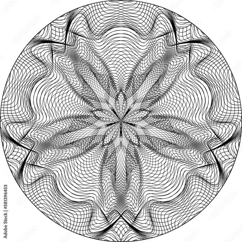 Optical art patterned circle of black lines. Moire five-pointed round ...