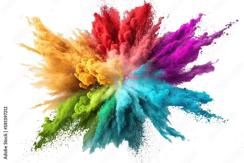 Holi color powder explosion with rainbow on isolated white background ...