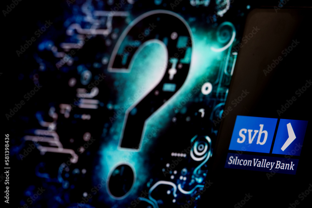Smartphone with SVB ( Silicon Valley Bank) logo on background of ...