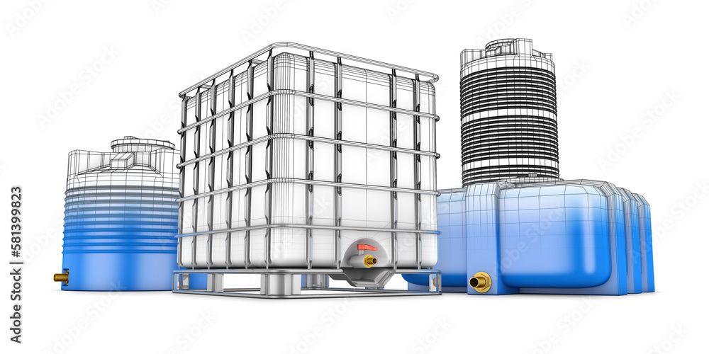 Water tank with metal grill and Ccontainers for water of different ...