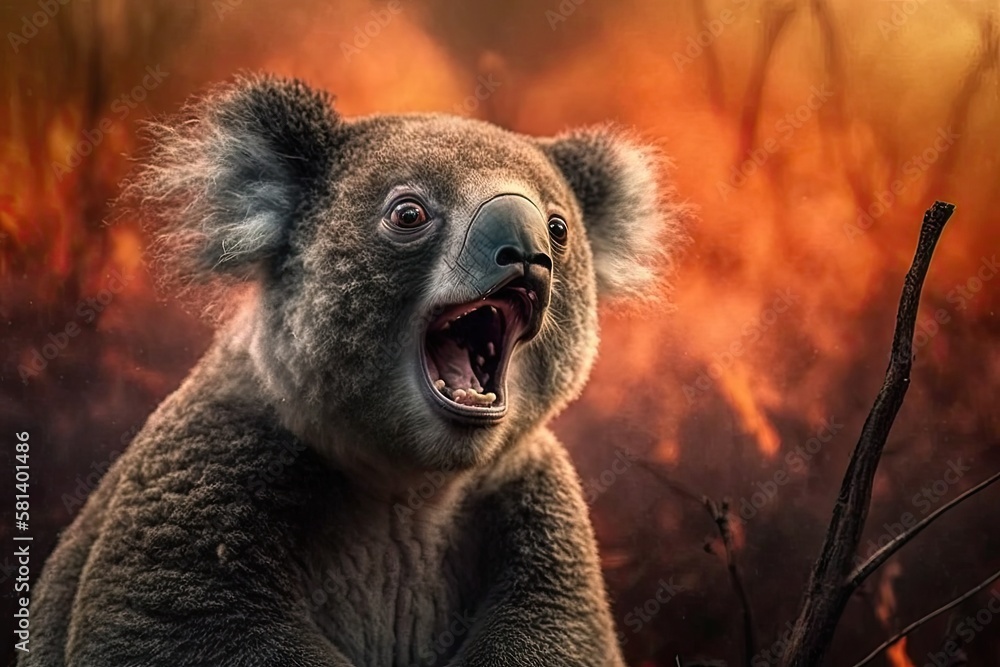 yelling crying koala in australia bush fire. Generative AI Stock Illustration | Adobe Stock