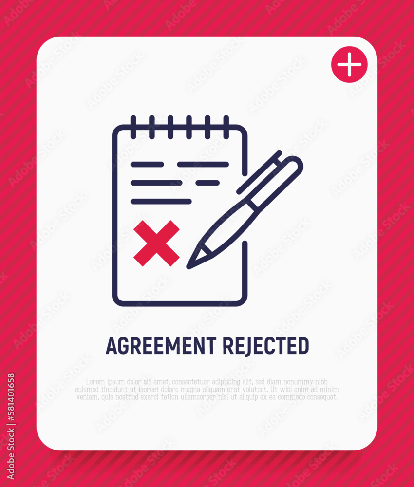 Agreement rejected thin line icon. Document with cross mark. Decline ...