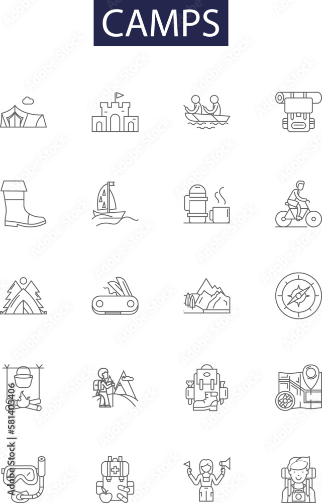 Camps line vector icons and signs. Outdoors, Retreat, Vacation ...