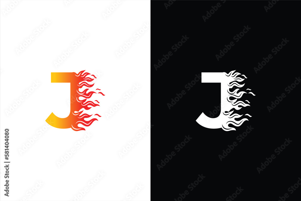 Initial letter J and fire shape with ribbon logo style in gradient ...