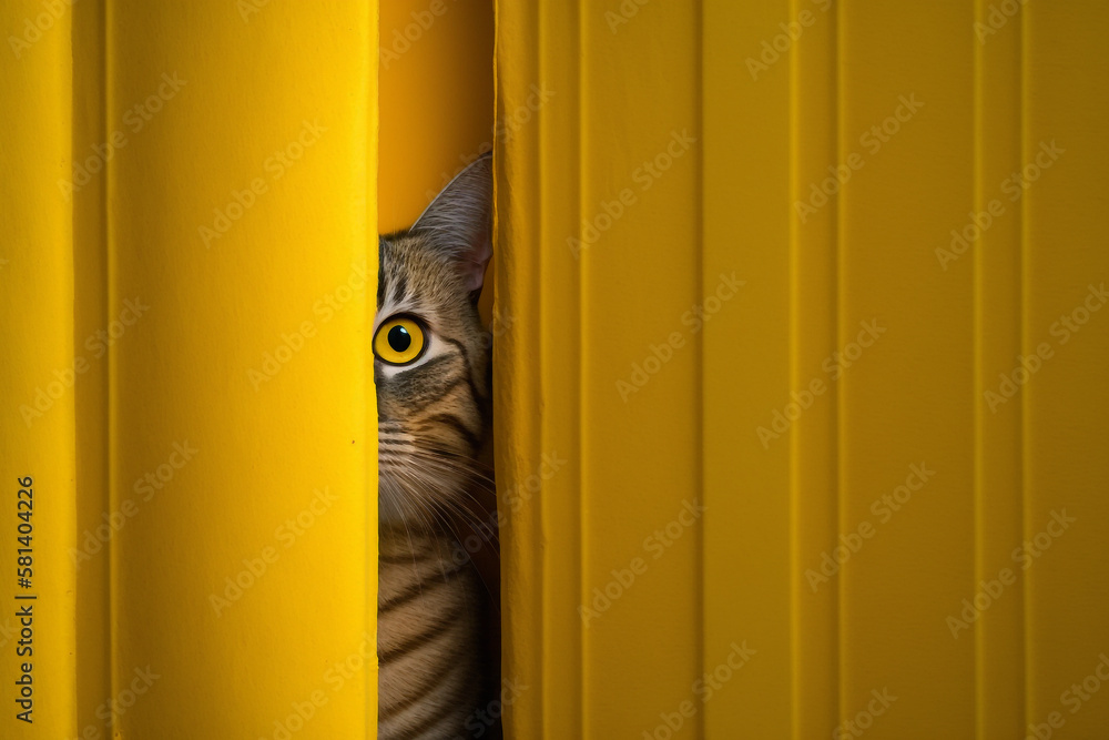 Cute tabby cat looking from behind the yellow wall background ...