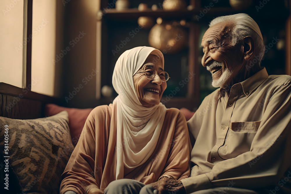 AI Generative, Old Muslim couple Man and Woman smiling in home Stock ...