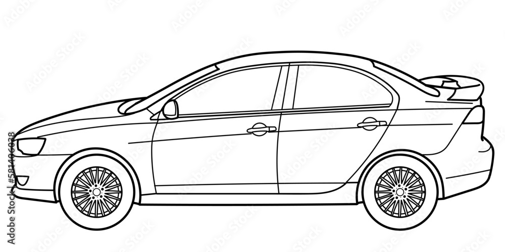 Outline drawing of a sport sedane car from side view. Classic 90s, 00s ...