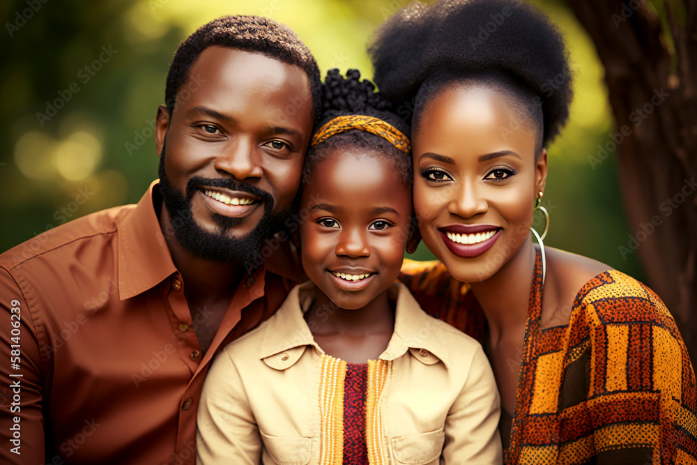 A young happy African American family portrait on nature background ...