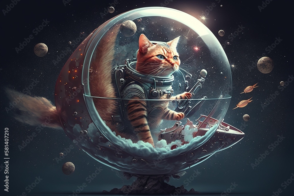 team of cats piloting a spaceship shaped like a giant ball of yarn ...