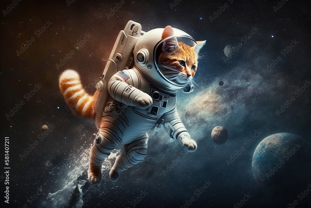cat astronaut floating in space, wearing a tiny space suit and holding ...